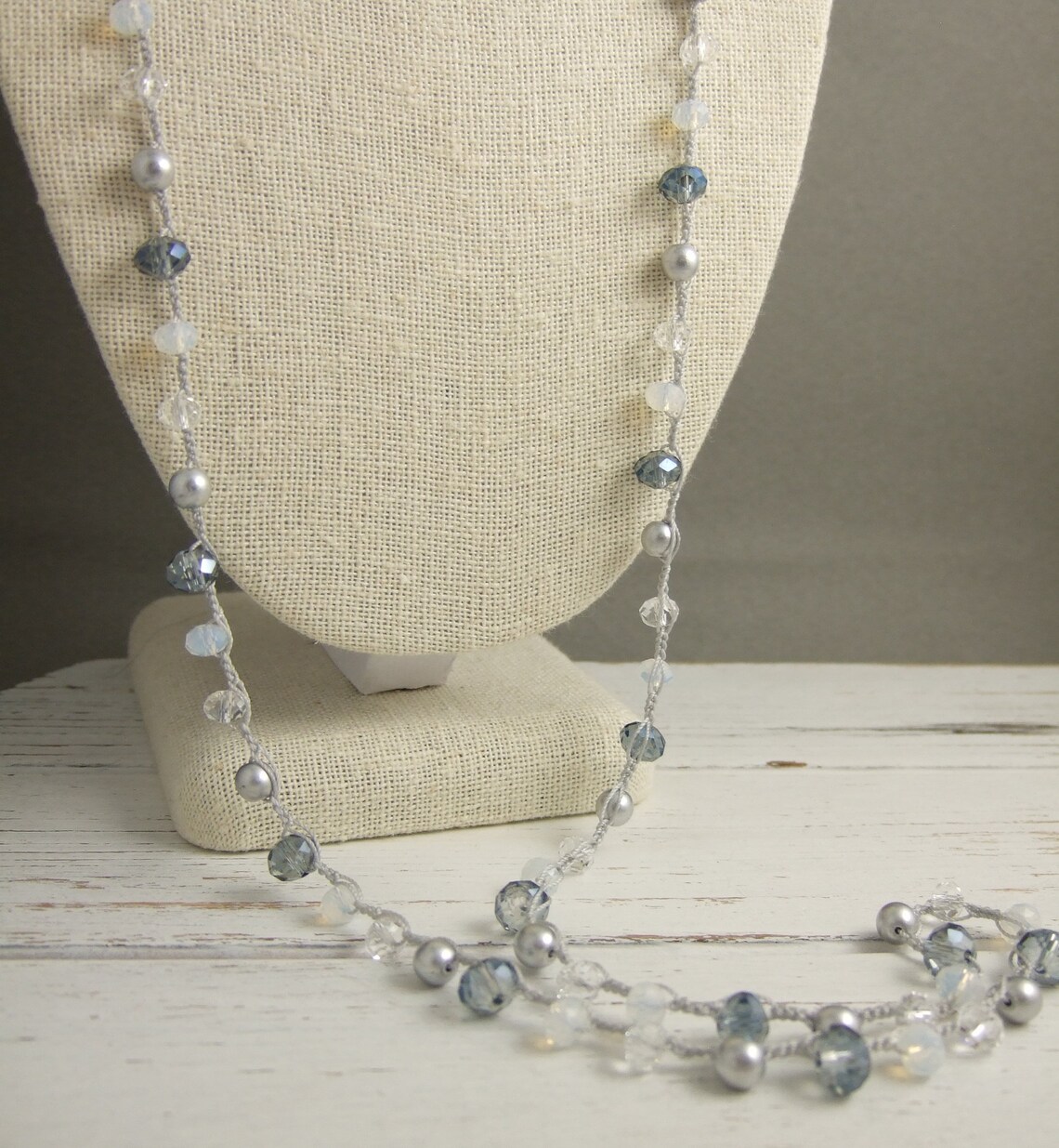 Long Crocheted Necklace 36 Inches With a Light Gray Cord, Clear, Milky ...