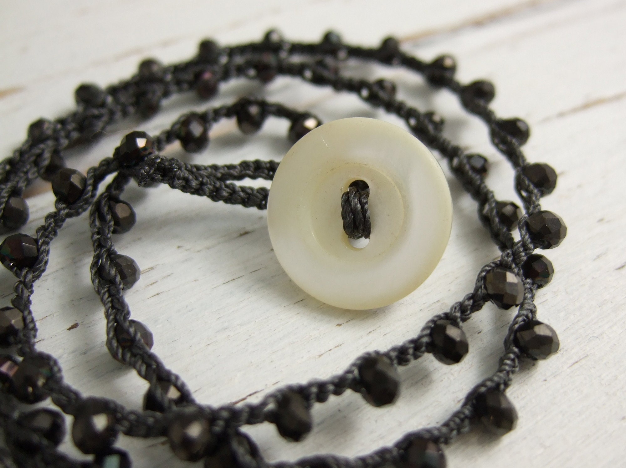 Crocheted Necklace With a Dark Gray Cord, Black AB Crystal Beads and an ...