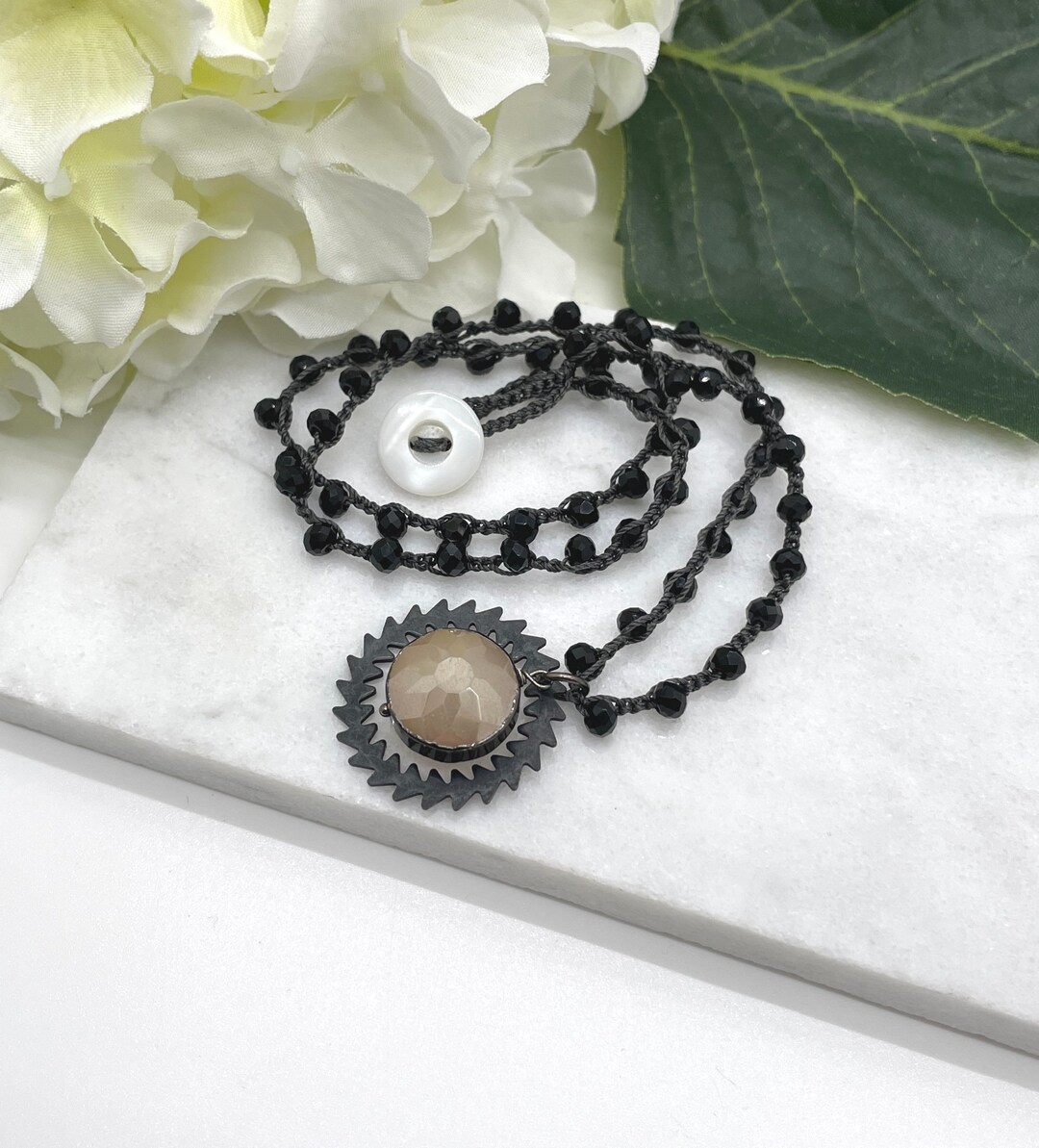 Crocheted Necklace With a Dark Gray Cord, Black Crystal Beads and a ...