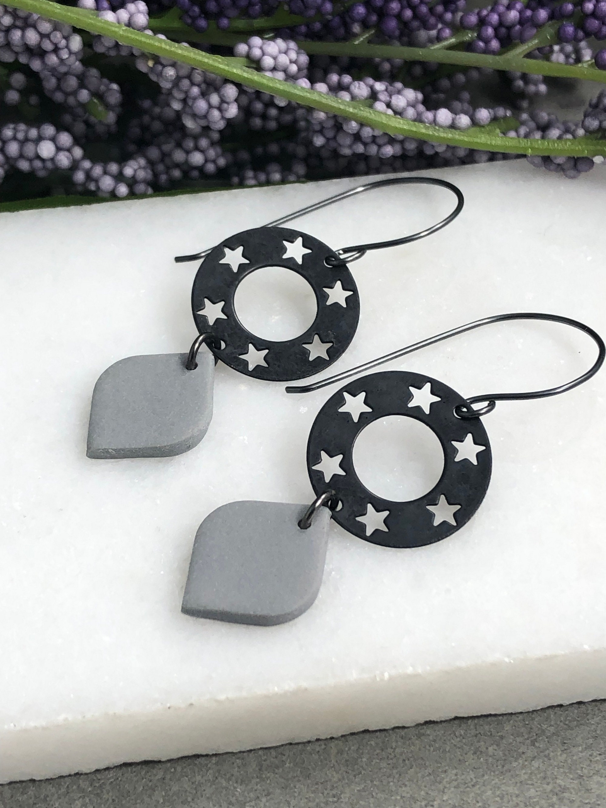 Earrings made with Gray Polymer Clay Teardrops Oxidized Brass | Etsy