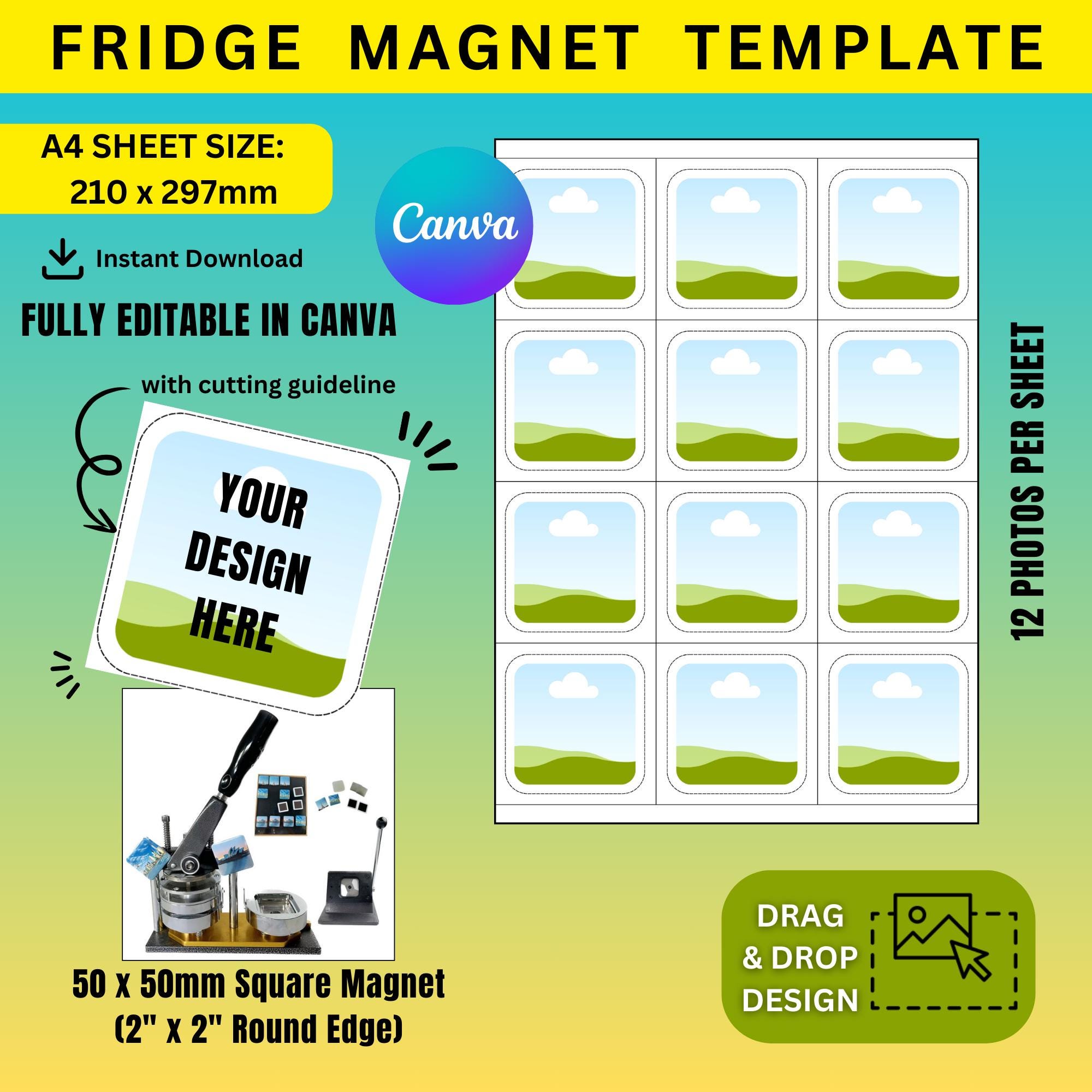2" X 2" [MACHINE] Square Magnet Template (ROUND EDGE) [with Cutting ...