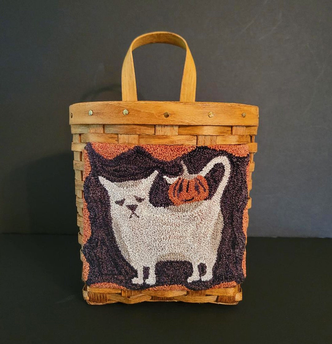 Halloween Punch Needle, Cat Punch Needle, Finished Punch Needle Basket, Folk Art Punch Needle ...