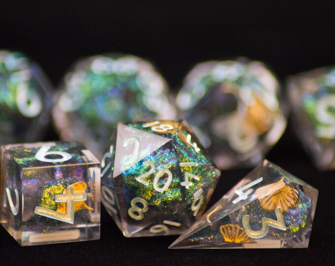 Handmade Sharp Edge Resin Dice Set: Blue-green Color-shift With Leaves ...