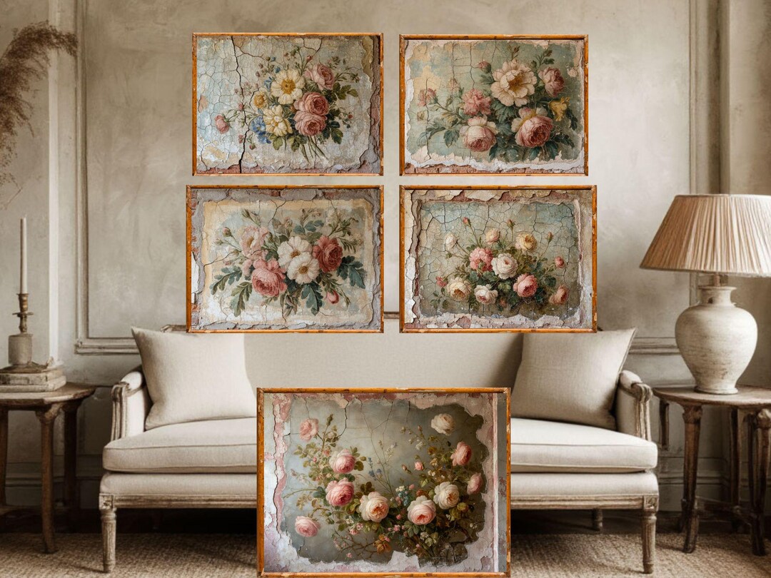 Baroque Floral Fresco Wall Prints – Aged Plaster, Set of 5” - Etsy