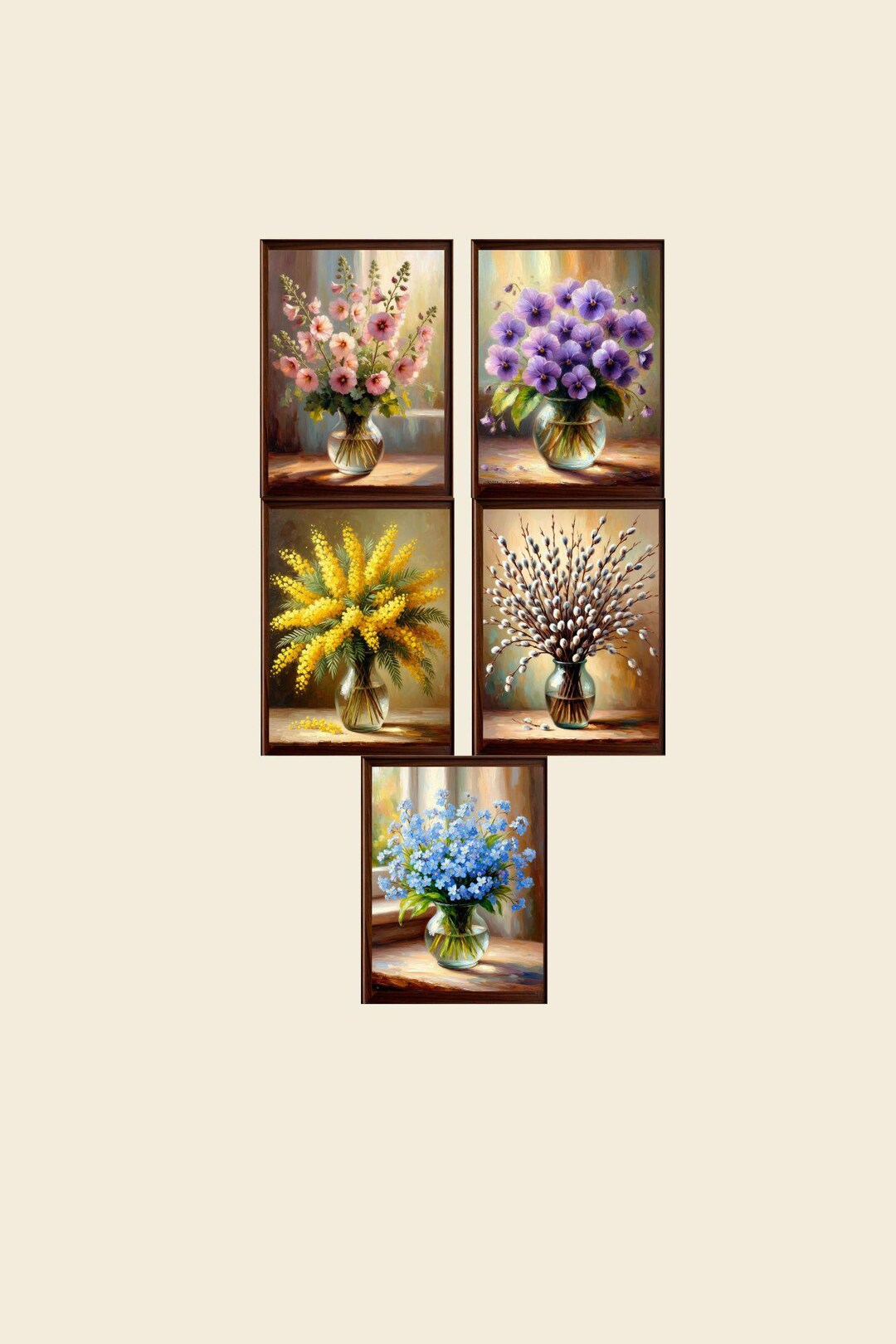 Set of 5 Pastel Floral Prints Spring Flower Wall Art Cottage Style ...