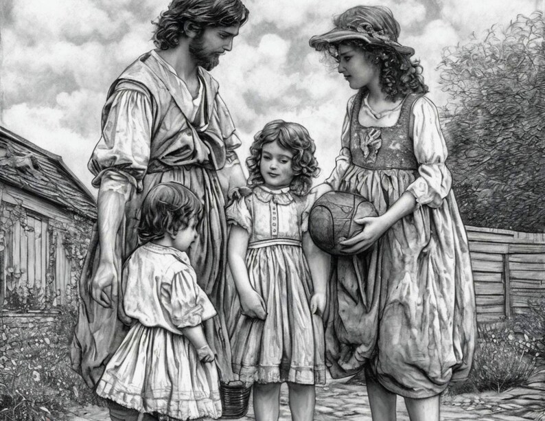 Pre-raphaelite Family Coloring Pages, Grayscale Illustrations (digital ...