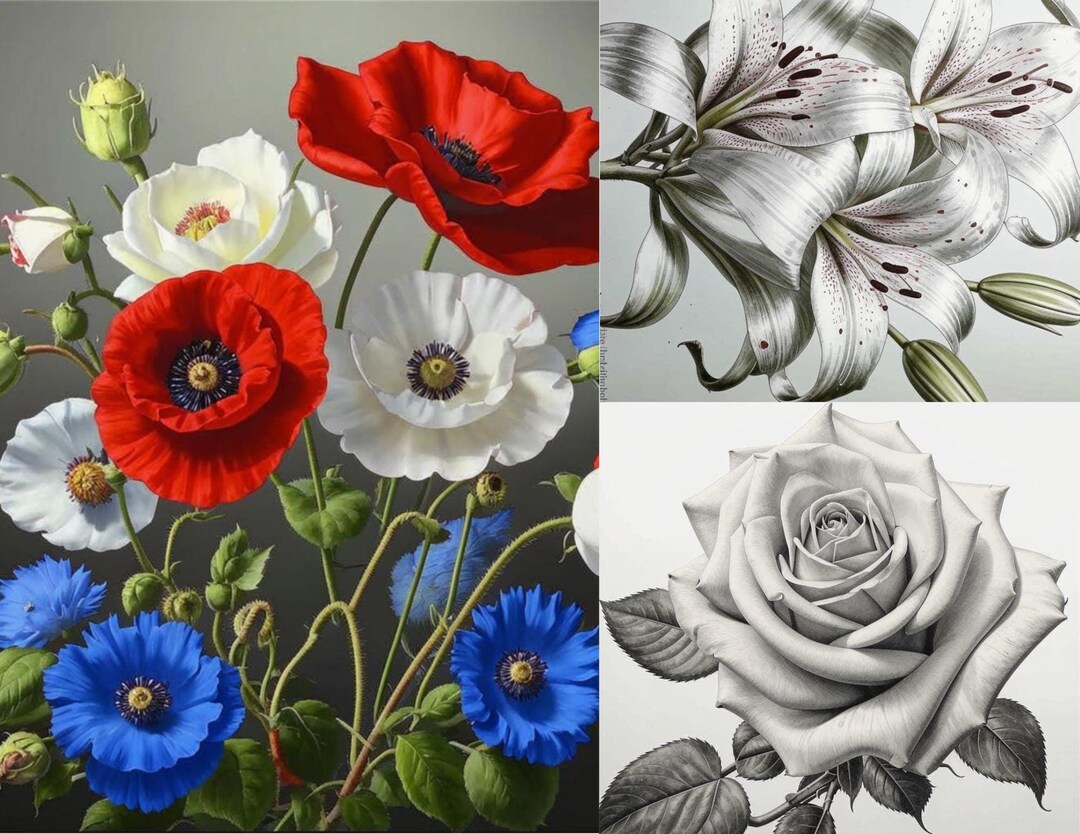 Realistic Flowers on a Smoky Background. 37 Coloring Digital Printable ...
