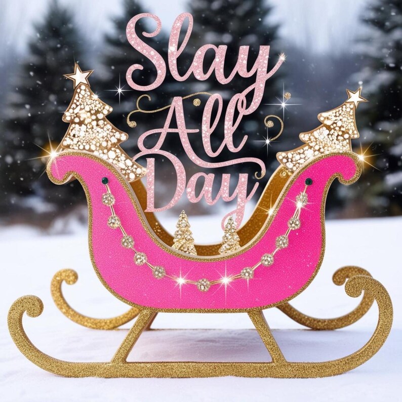 Slay All Day: Glam Christmas Sleigh Design in Pink and Gold PNG Instant ...
