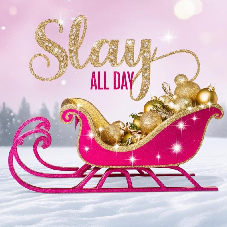 Slay All Day: Glam Christmas Sleigh Design in Pink and Gold PNG Instant ...