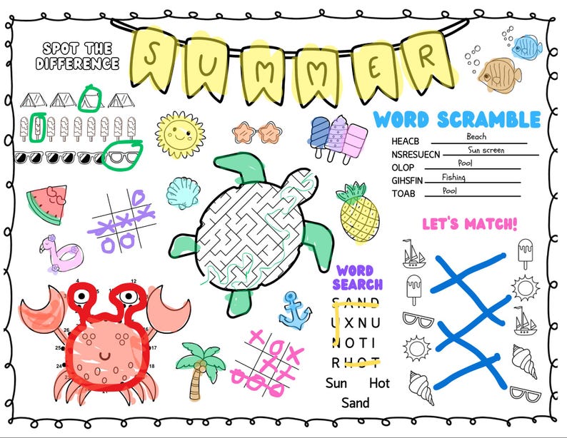 Kids Summer Activity Placemat - Printable PDF Digital Download ...