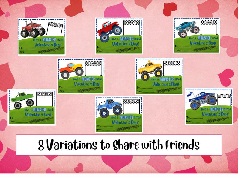 Monster Truck Valentine Cards Printable Fun for Kids Valentines - Etsy