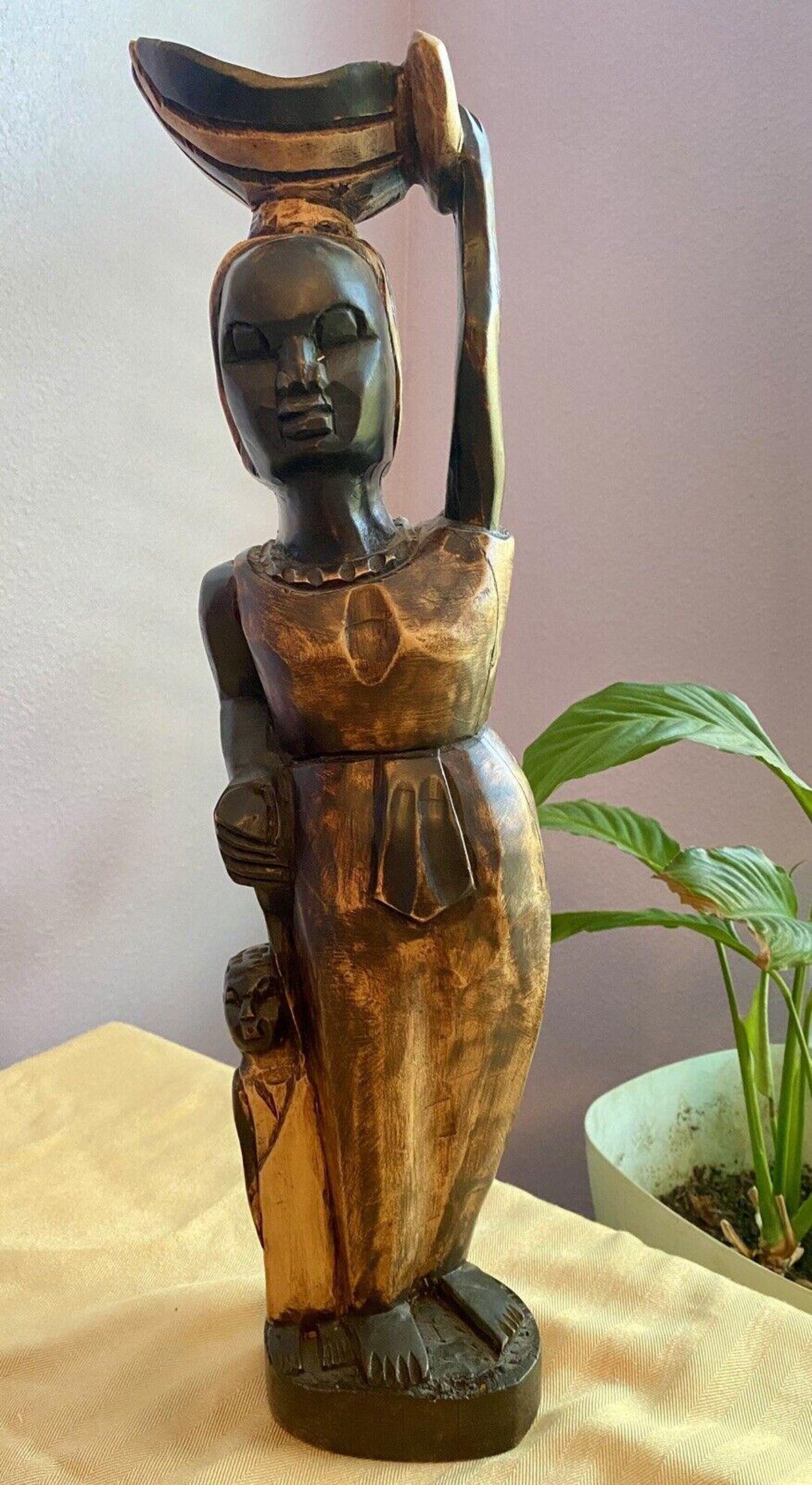 Vingage 19in Hand Carved Wood Statue Man Carrying on Head Made in ...