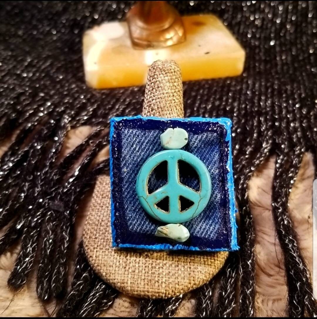 Turquoise Color Stone Peace Sign Blue Jeans Denim Fabric Fashion Ring ...
