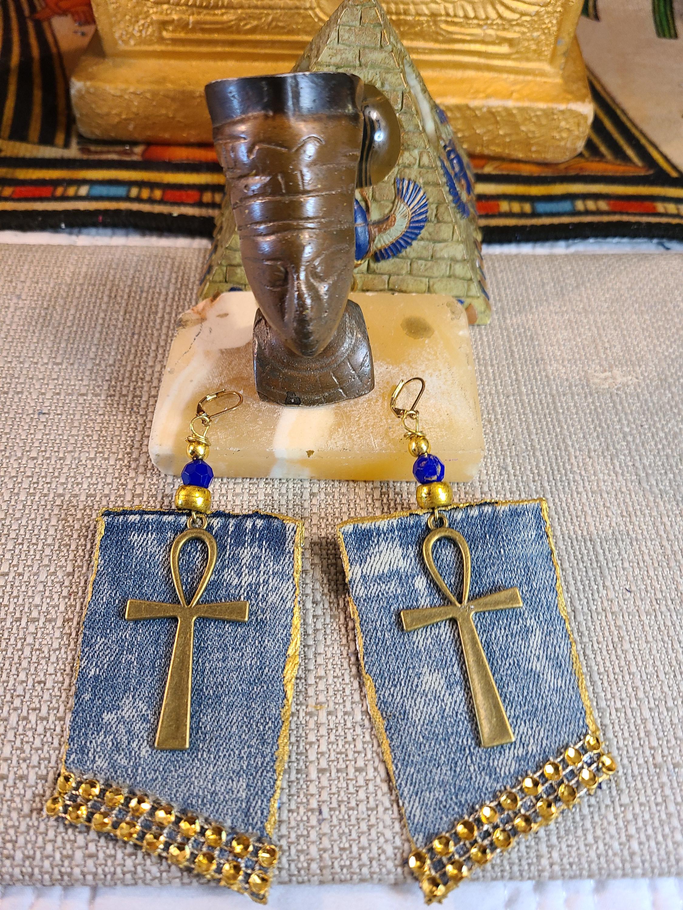 Upcycled Denim Fabric and Bronze Ankh Charms Dangle Earrings, Blue ...