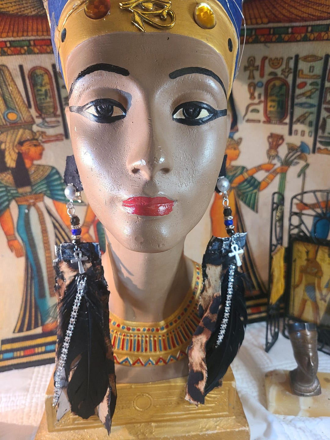Upcycled Denim Fabric Leopard Print Feather Earrings: Ankh Charm Clip ...