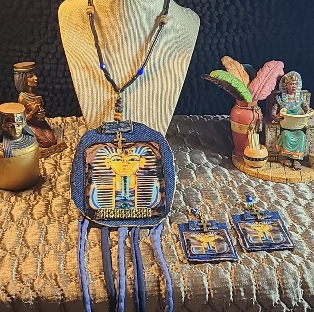 King Tut Denim Fabric Necklace and Earrings Set King Tut - Etsy