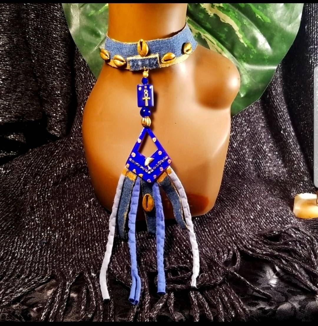 Bohemian Style Denim Blue Jeans Cowrie Shells With Top Center Pewter ...