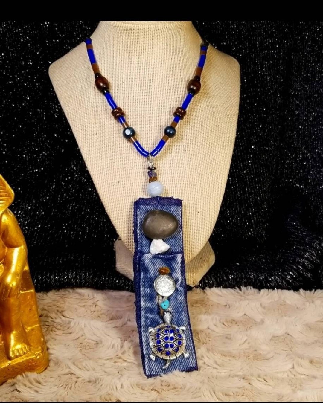 Denim Fabric Bohemian Style Turtle Pewter Charm Necklace, Blue Jeans ...