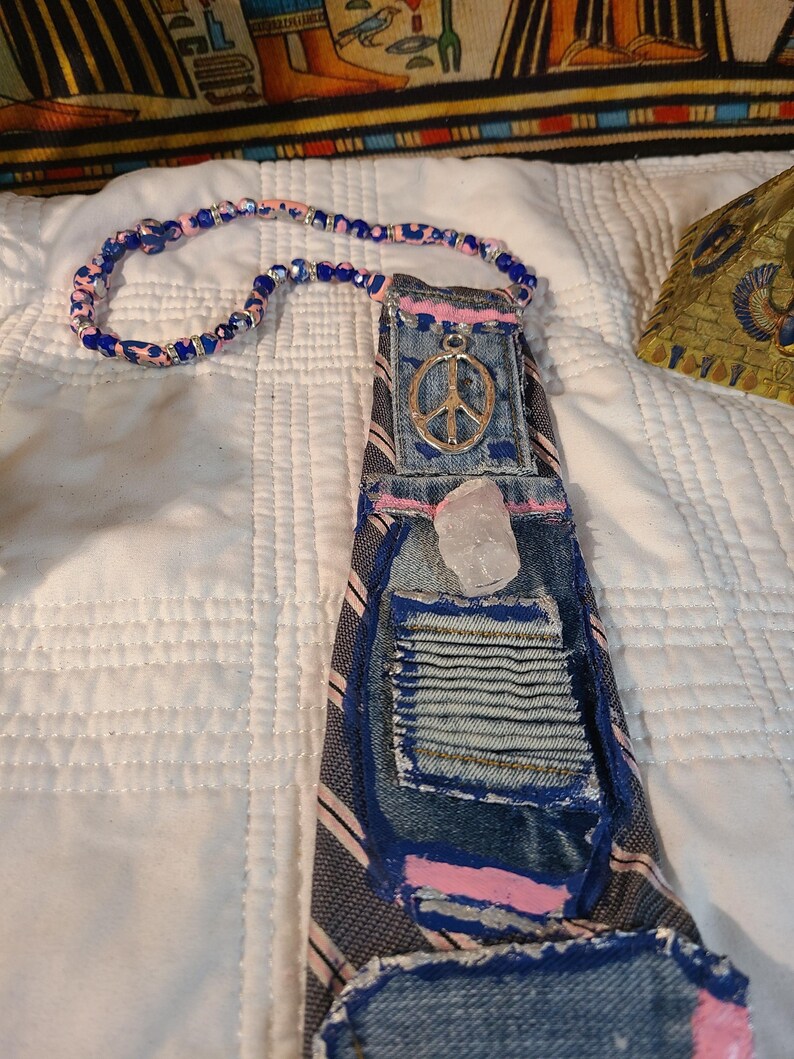 Denim and Silk Fabric Peace Sign Junk Tie Necklace: Upcycled Fabric ...