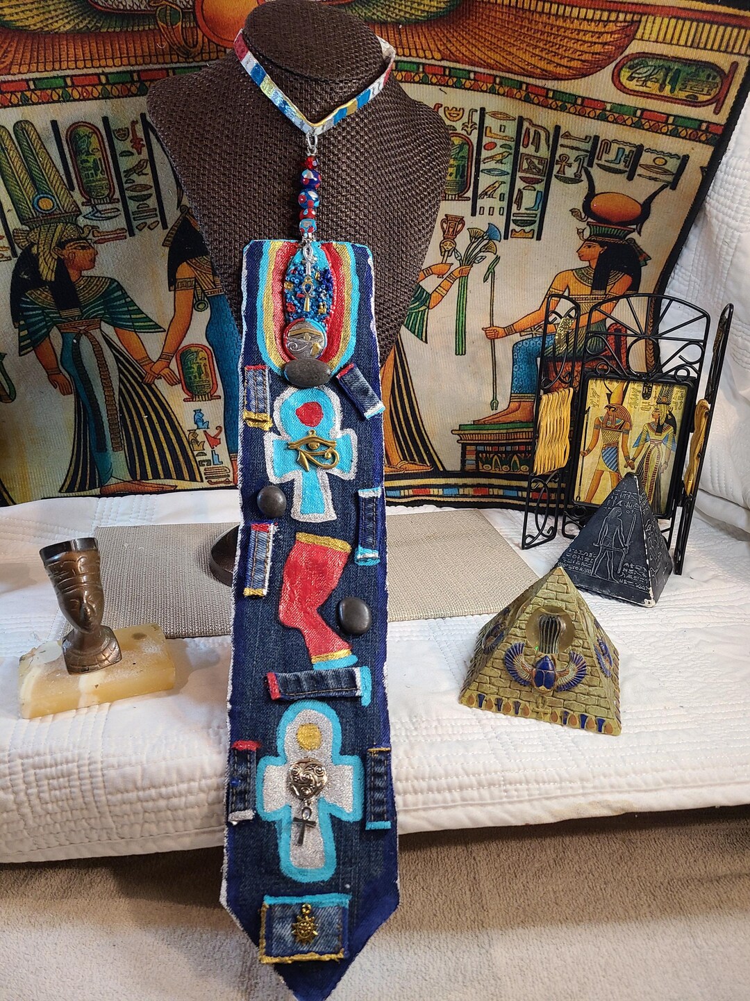 Upcycled Gyptian Charms and Symbols Denim Fabric Junk Necktie Choker ...