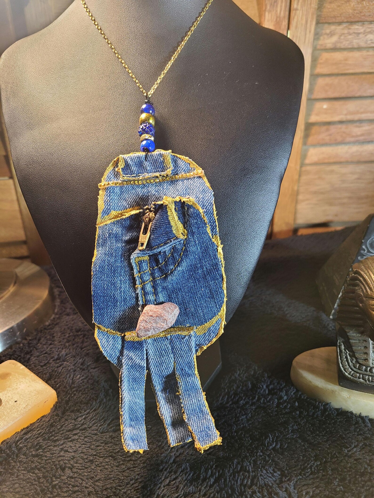 Blue Jean Denim Fabric Charm Necklace, Blue Jeans Necklace, Blue Jeans ...
