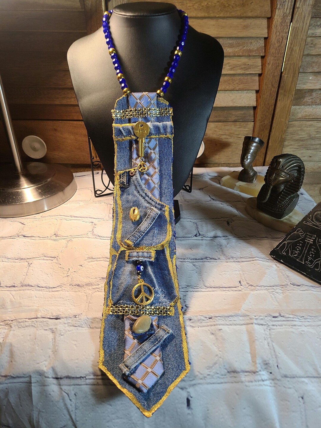 Junk Tie Denim Fabric Necklace, One of a Kind Denim Necklace, Denim ...