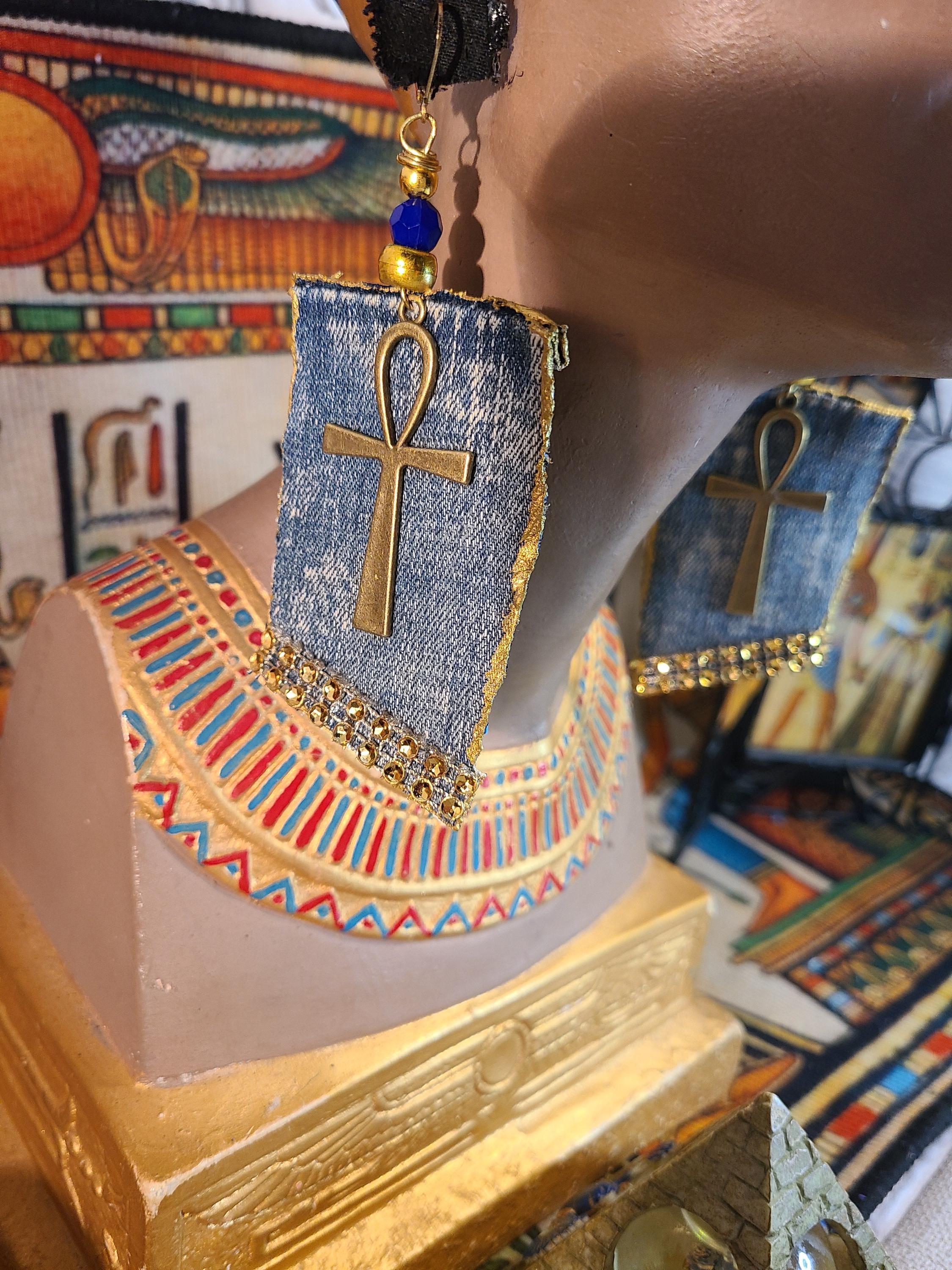 Upcycled Denim Fabric and Bronze Ankh Charms Dangle Earrings, Blue ...