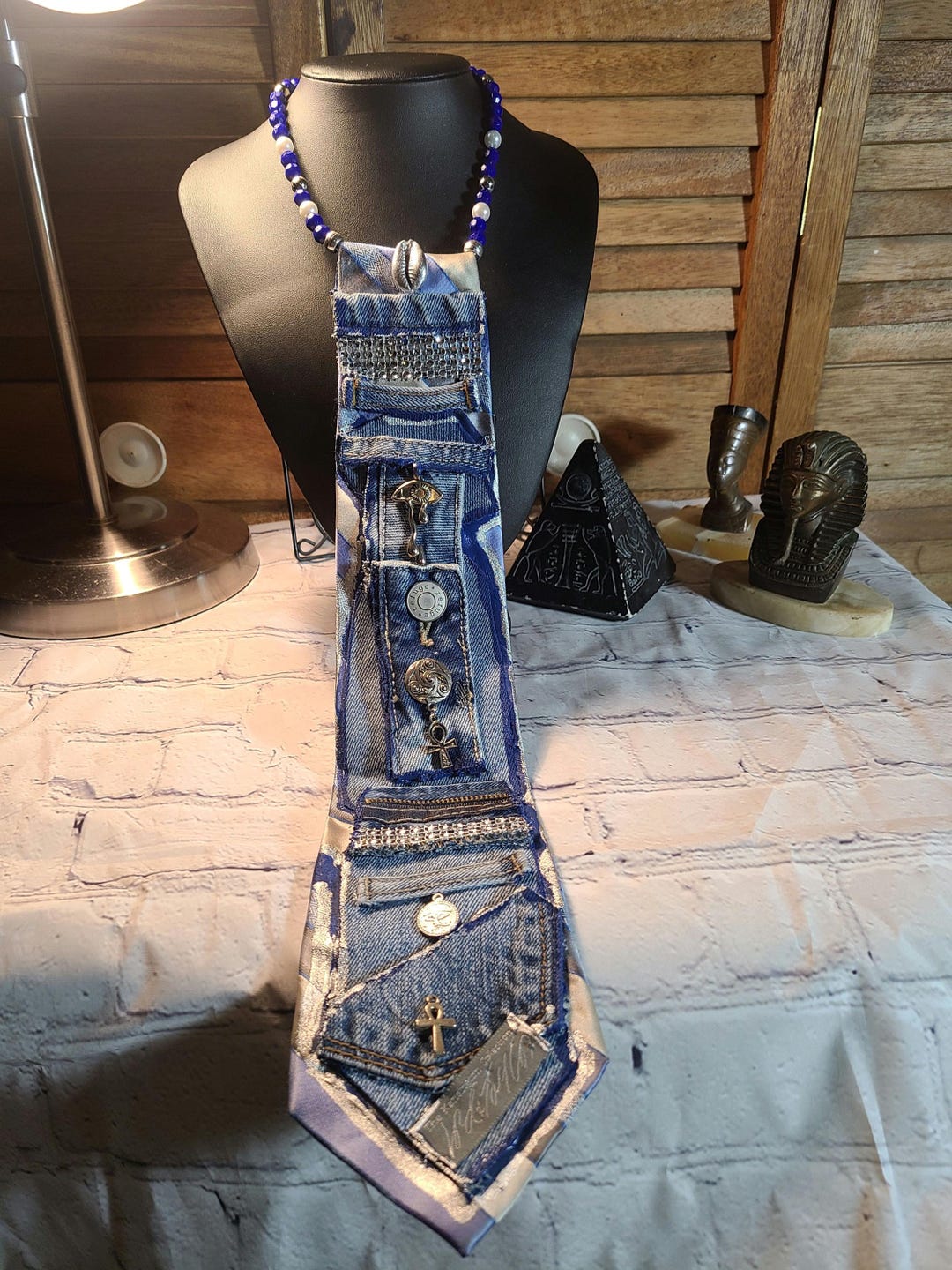 Junk Tie Denim Fabric Necklace, One of a Kind Denim Necklace, Denim ...