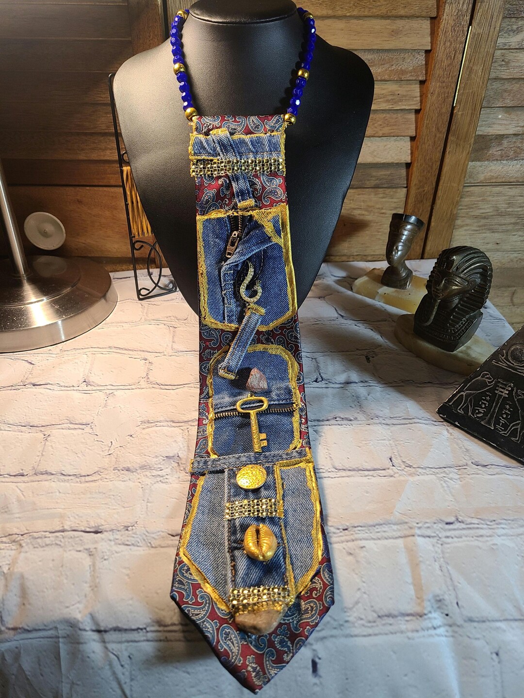 Junk Tie Denim Fabric Necklace, One of a Kind Denim Necklace, Denim ...