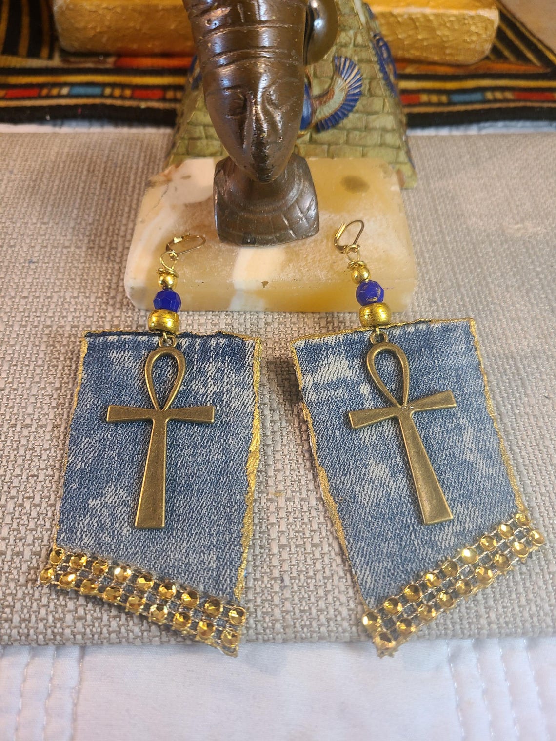 Upcycled Denim Fabric and Bronze Ankh Charms Dangle Earrings, Blue ...