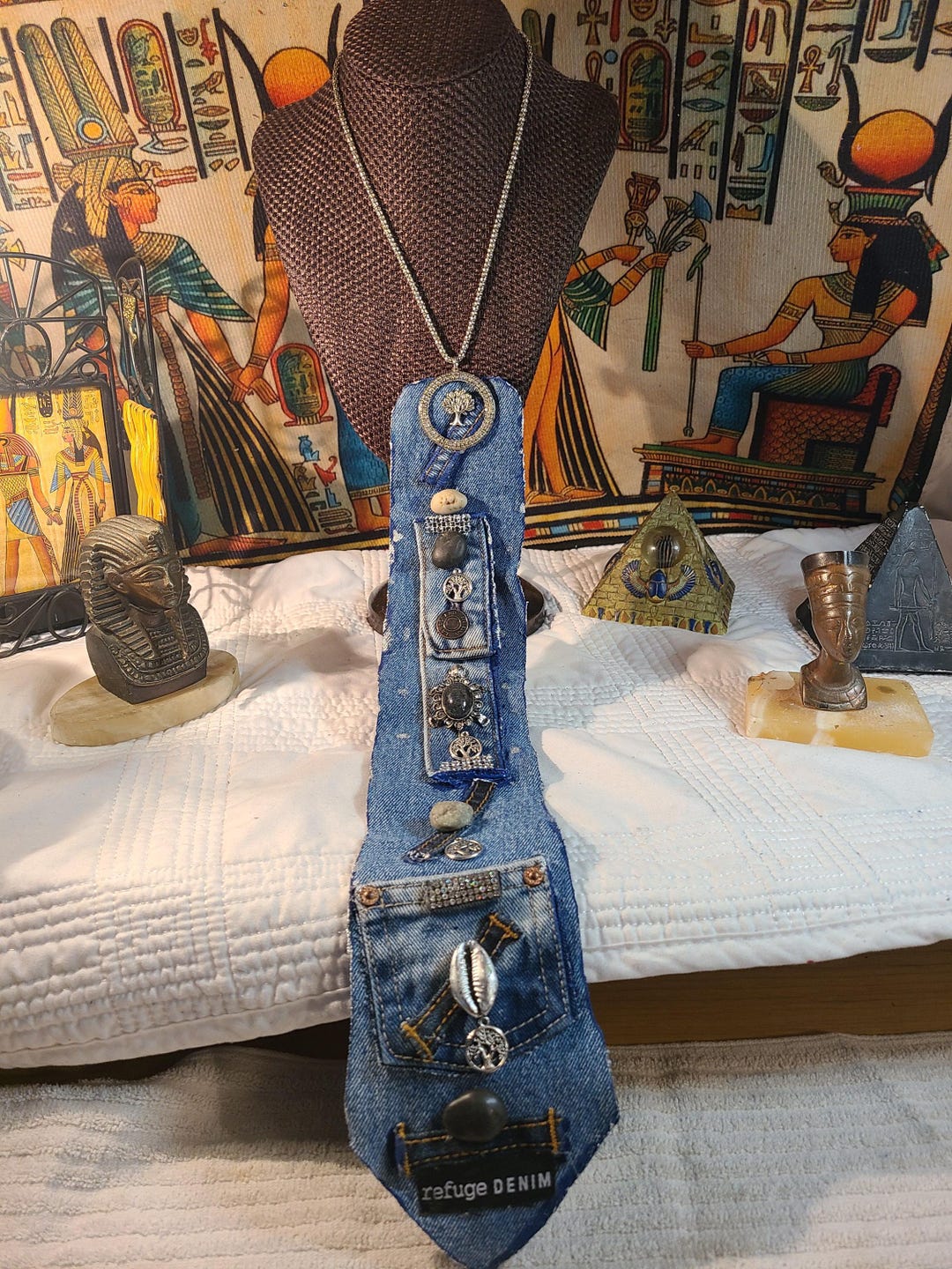 Denim Fabric Tree of Life and Centered Turtle Charms Junk Neck Tie ...