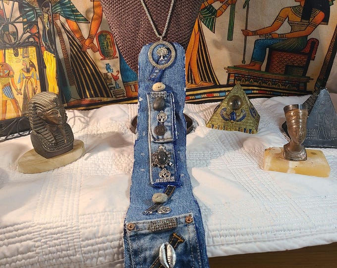 Denim Fabric Tree of Life and Centered Turtle Charms Junk Neck Tie ...