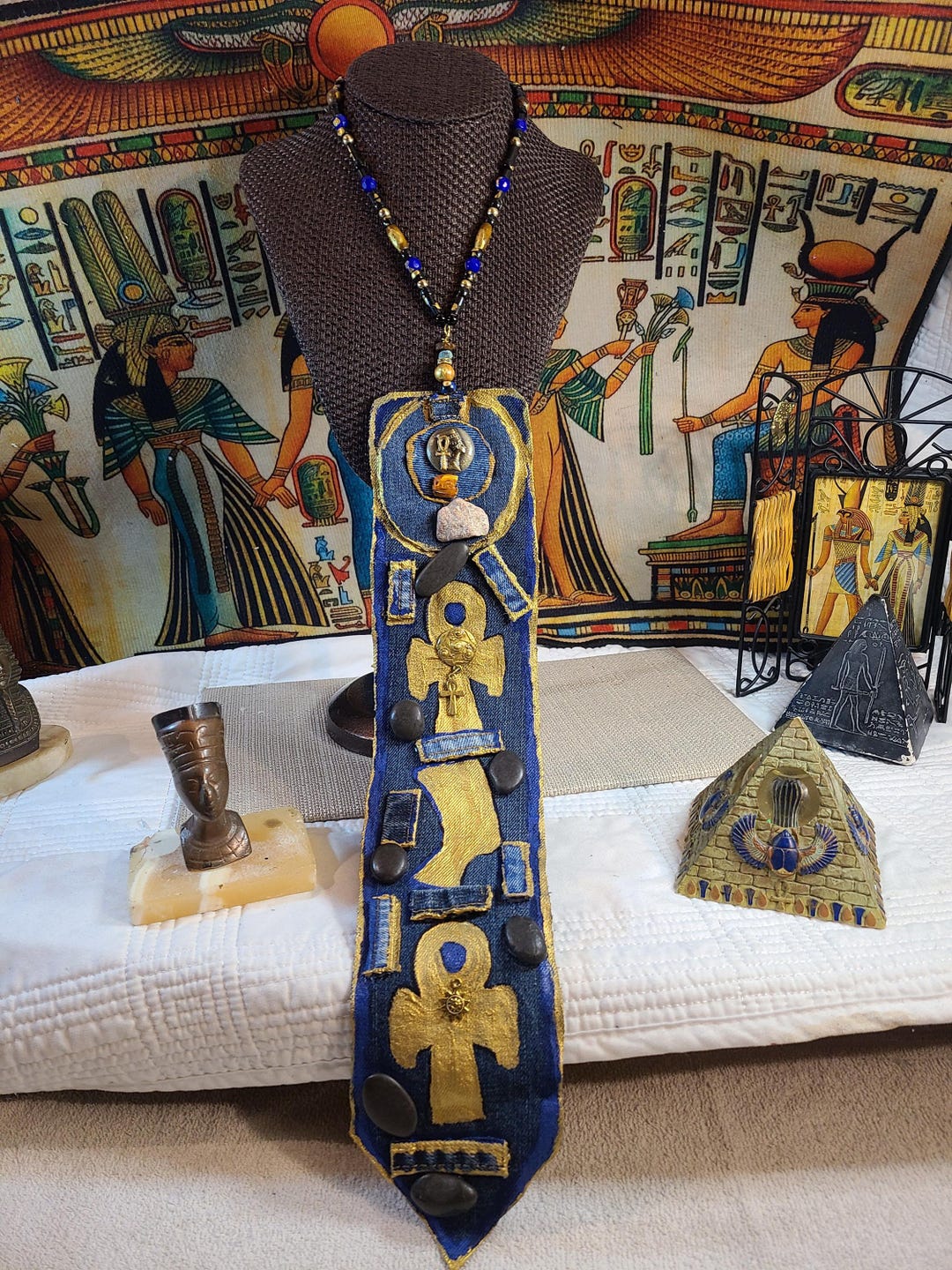 Upcycled Egyptian Charms and Symbols Denim Fabric Junk Necktie Necklace ...