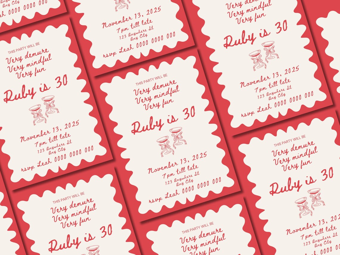 Very Mindful Very Demure Party Invitation Red Pink Cute Vintage Digital ...