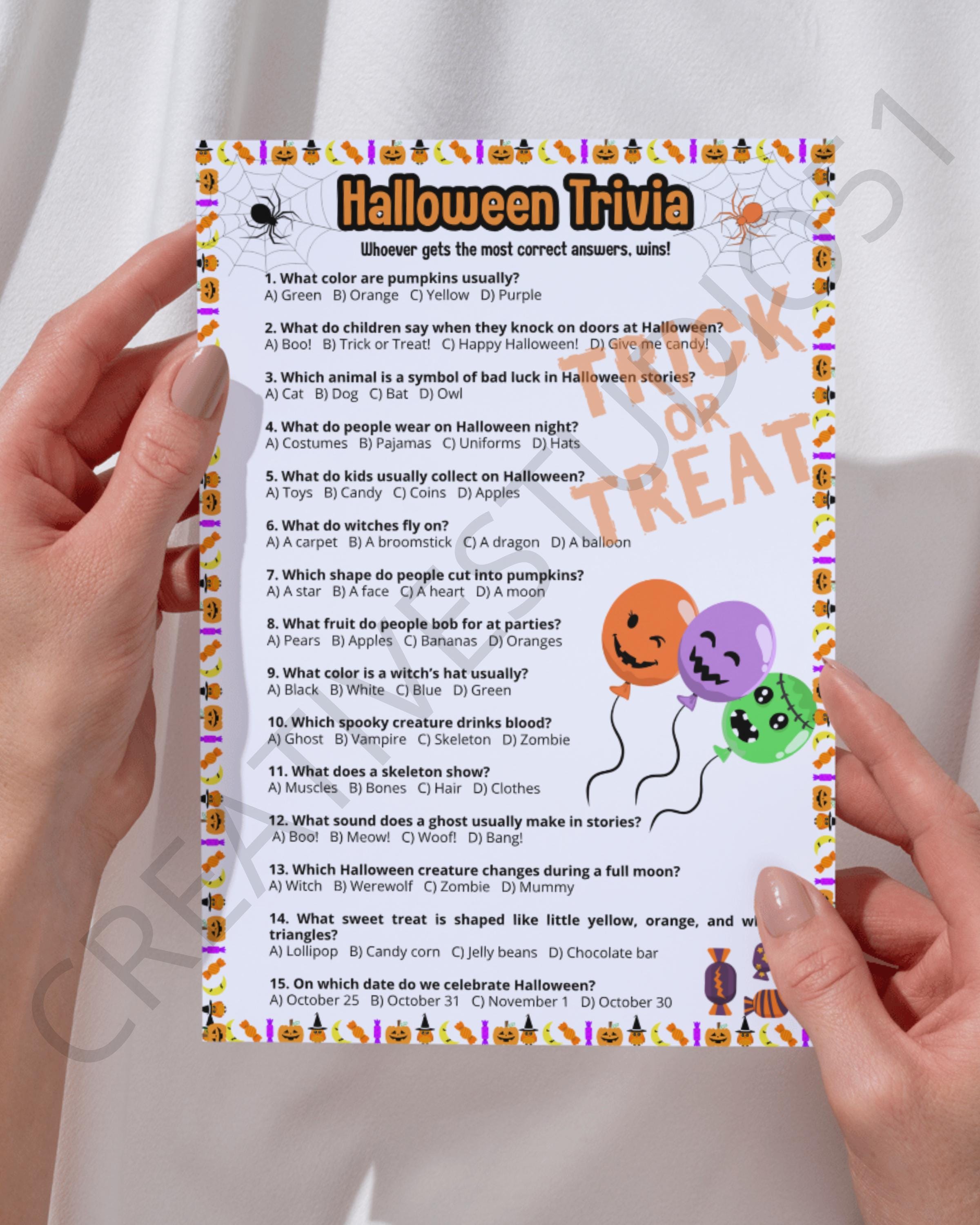 Halloween Trivia Game, Printable Halloween Trivia Quiz for Kids Teens ...