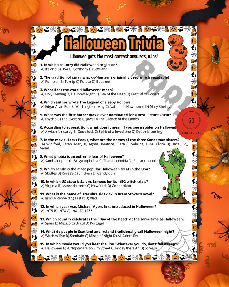 Halloween Trivia, Printable Halloween Trivia Quiz for Kids Teens Adult ...