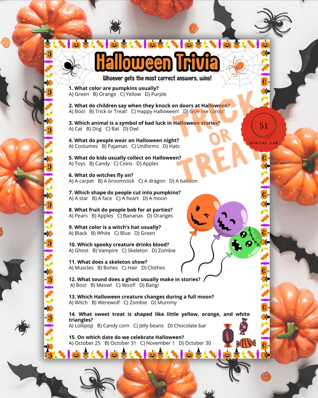 Halloween Trivia Game, Printable Halloween Trivia Quiz for Kids Teens ...