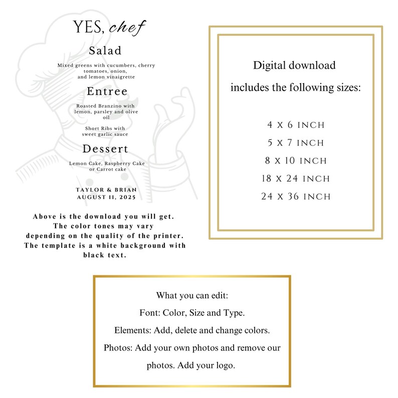Yes Chef Wedding Menu Template Printable Wedding Placecards Wedding ...