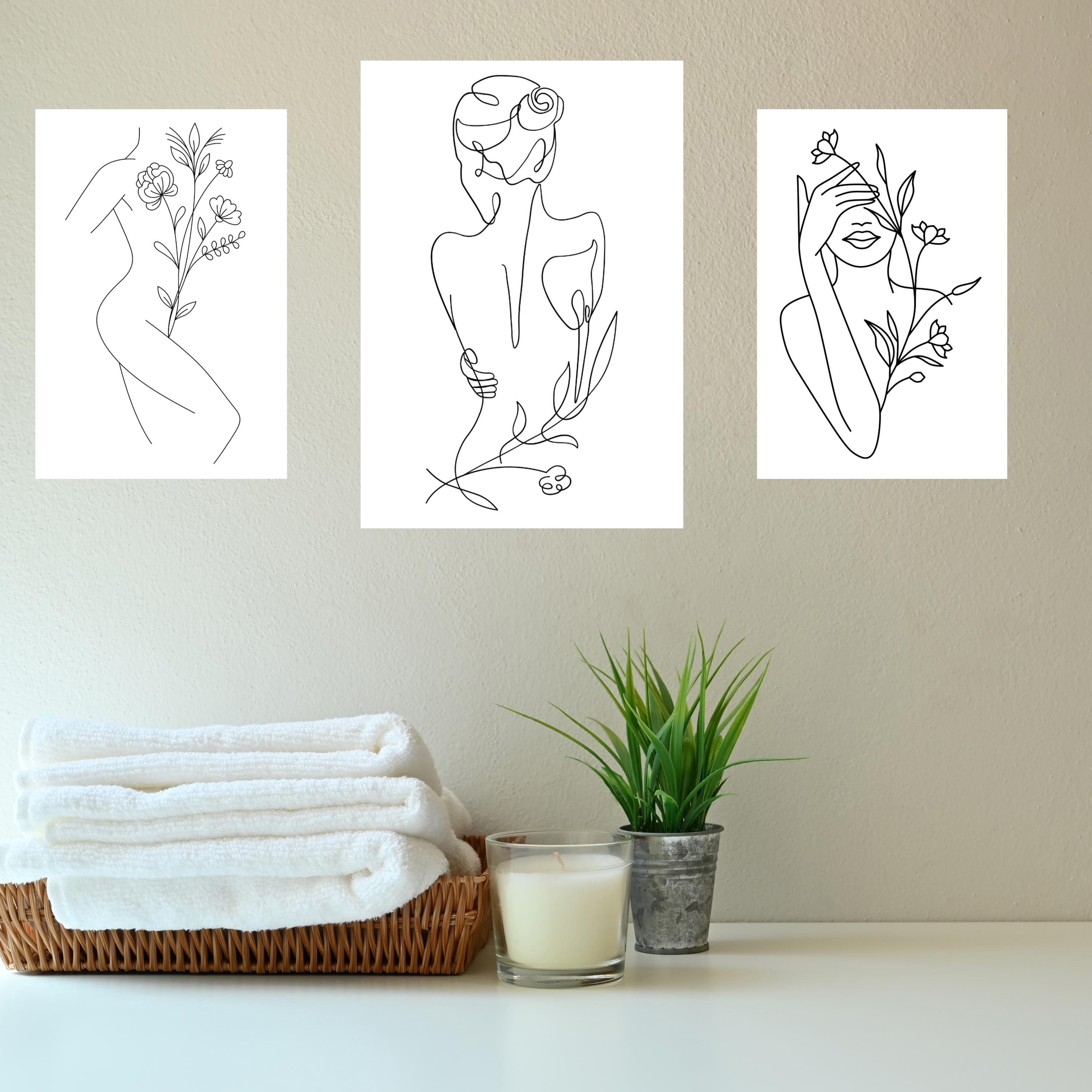 Floral Line Art| Bathroom Wall Art| Black and White|set of 3|digital ...