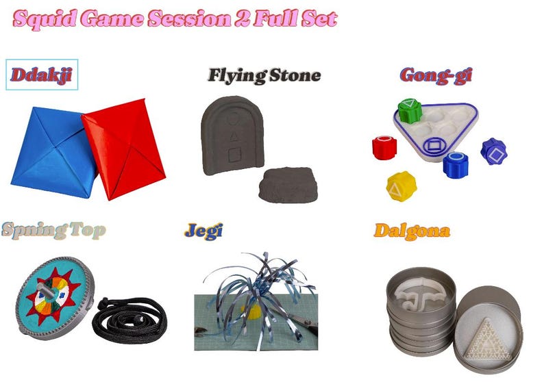 Squid Game Full Set: Ddakji, Gonggi, Flying Stone, Spinning Top, Jegi ...