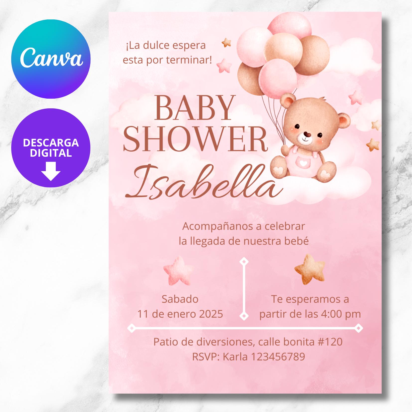 Invitacion De Baby Shower Rosa, Invitación Digital Baby Shower, Baby ...