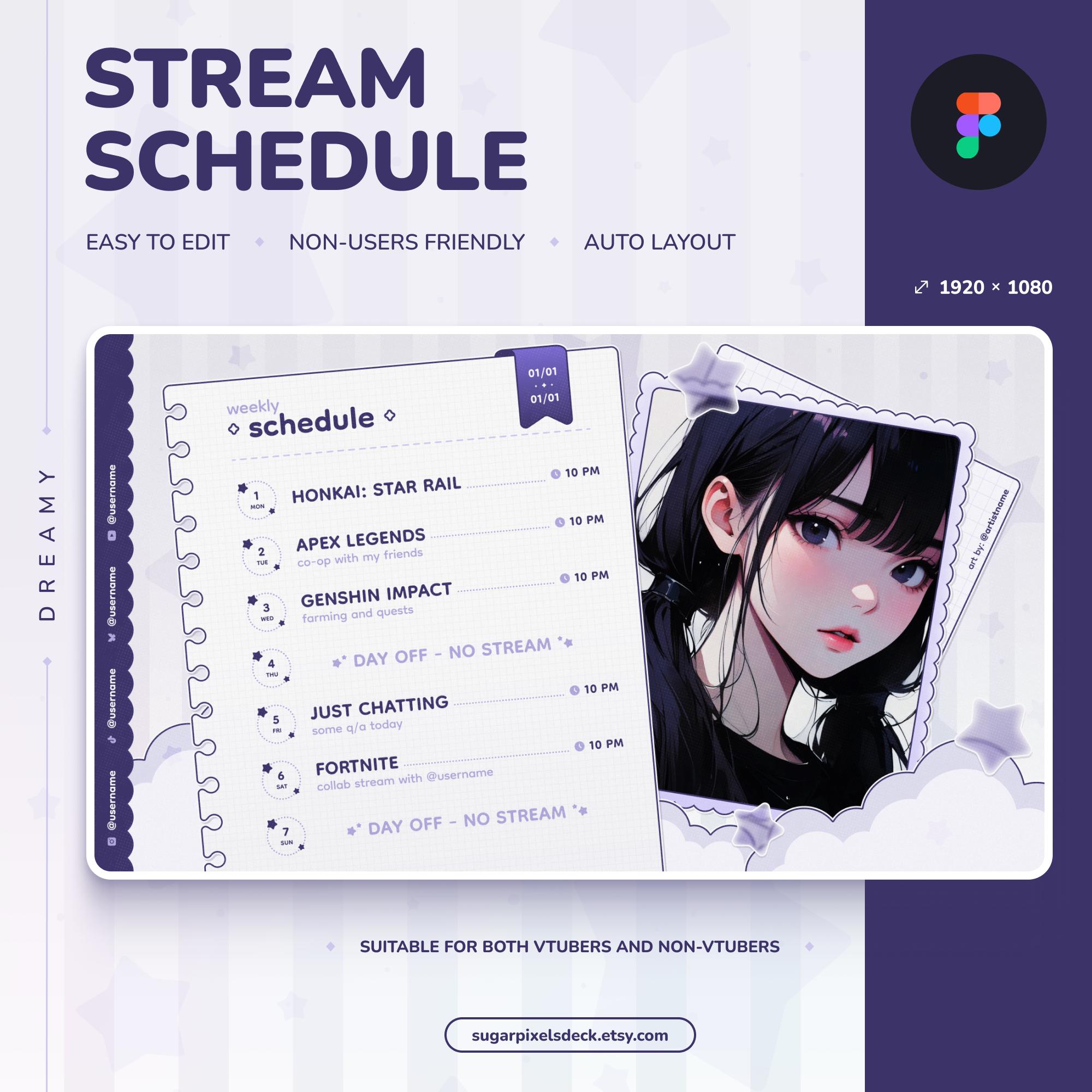 Cute Dreamy Violet Stream Schedule Template | for Twitch Youtube ...
