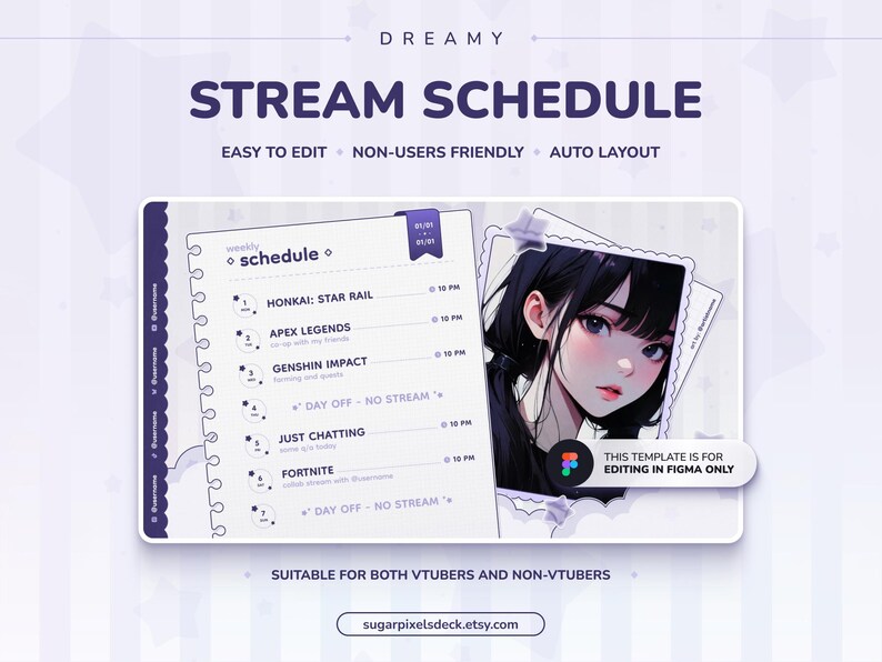 Cute Dreamy Violet Stream Schedule Template | for Twitch Youtube ...