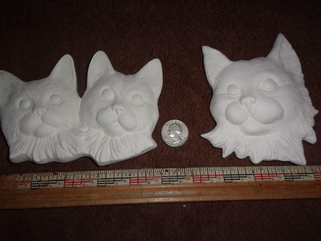Two Cat Kitten Head Wall Plaques Hanging in Ceramic Bisque Ready to Be ...