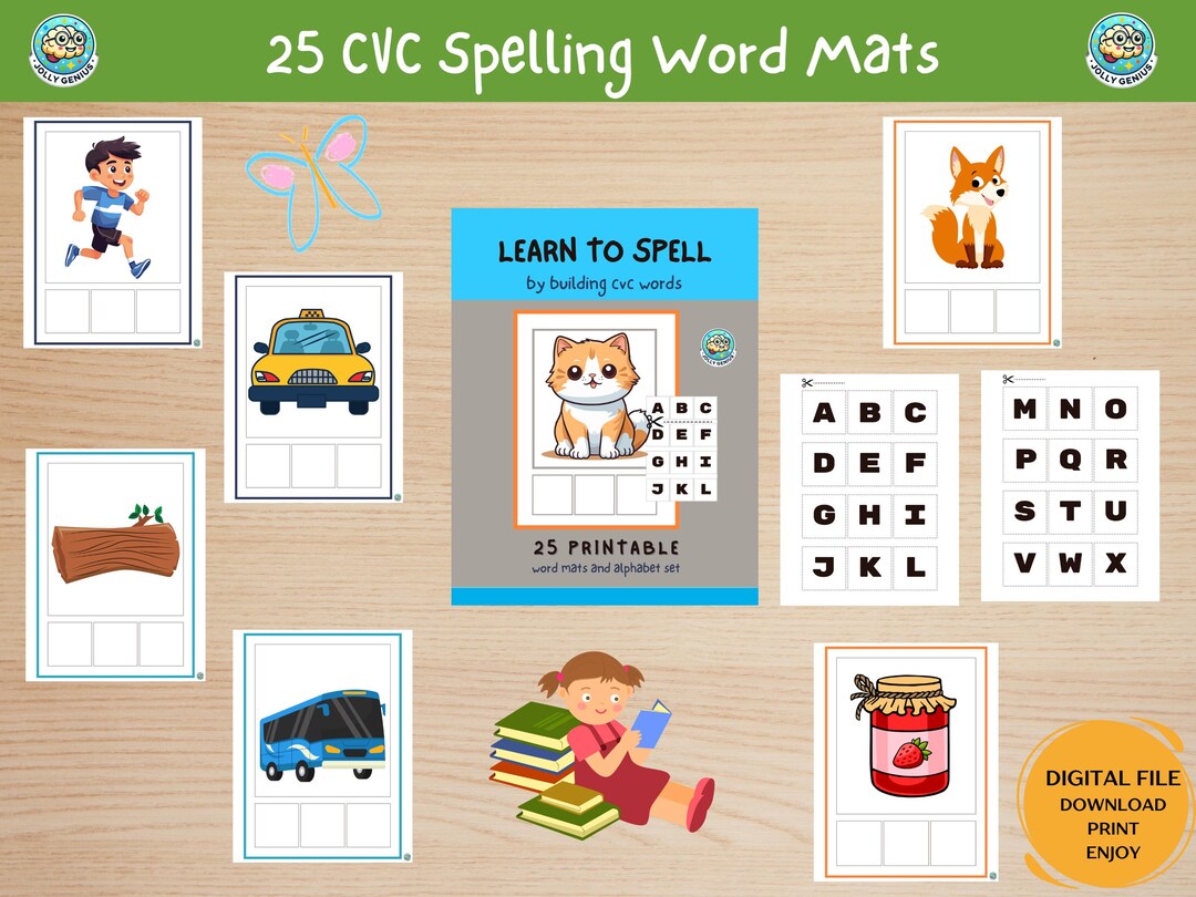 25 Colorfull Illustrated Printable CVC Spelling Word Mats Homeschooling ...
