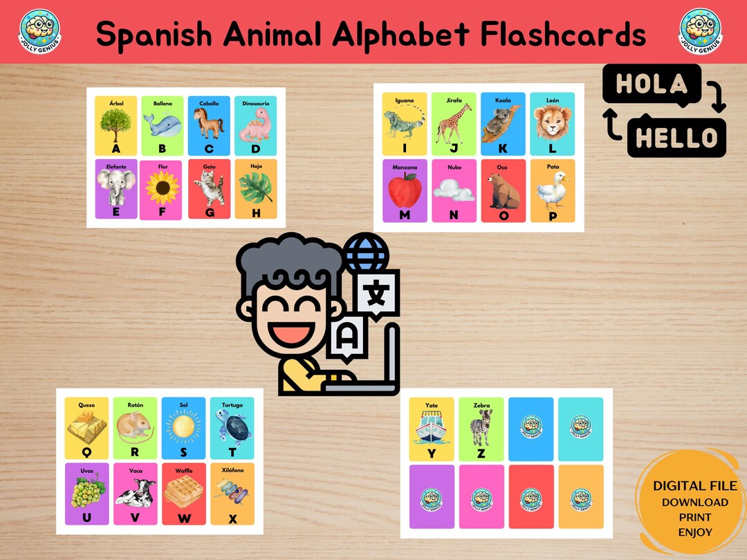 Spanish Animal Alphabet Flashcards for Kids, Printable Digital Learning ...