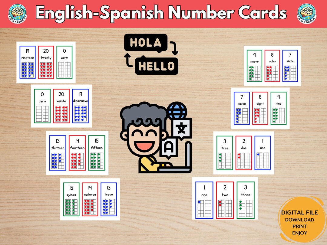 Spanish English Number Flashcards 0-20 Bilingual Printable Learning ...