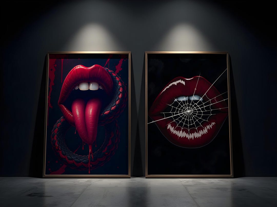 2 Gothic Lips Poster Set | Spider Web & Snake Horror Art (digital ...