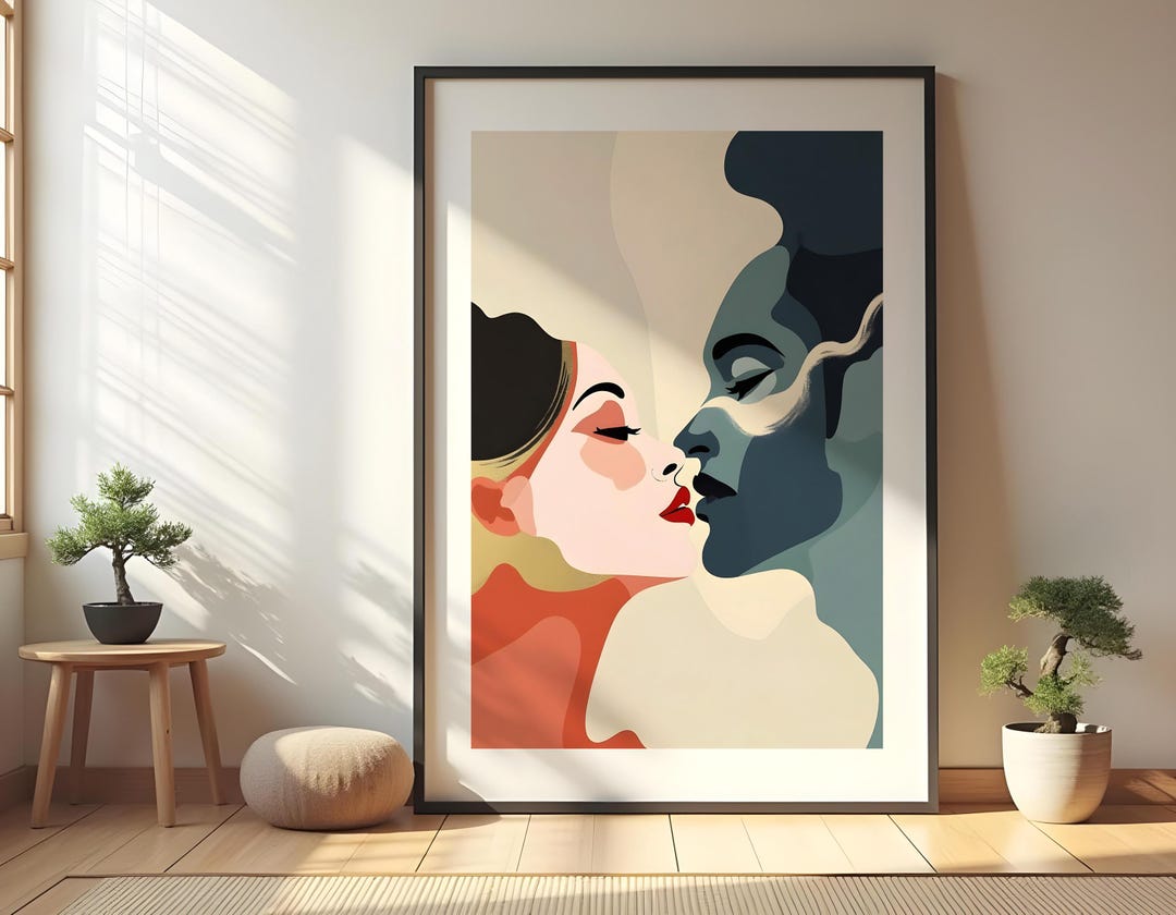 Kissing Art Print | Romantic Couple Poster | Minimalist Digital Wall ...