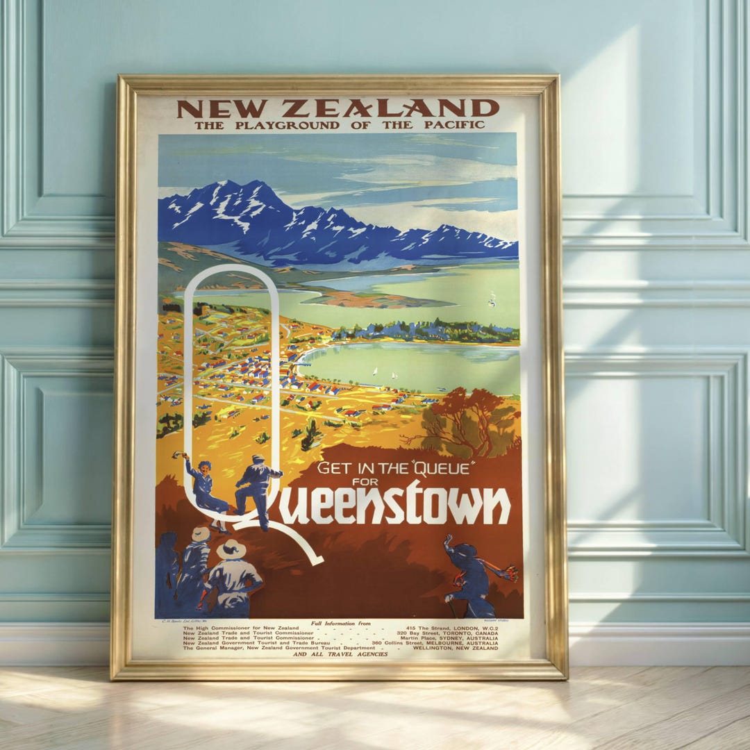 Vintage Queenstown Travel Poster | Art Deco Style | Mid-20th Century ...